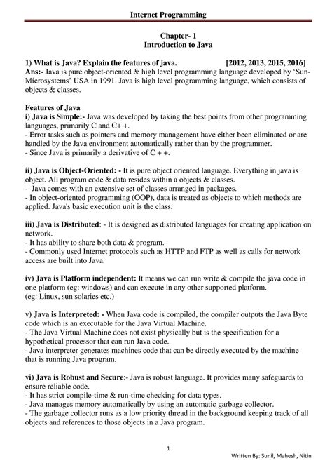 Java Notes 1 Chapter 1 Introduction To Java 1 What Is Java Explain The Features Of Java
