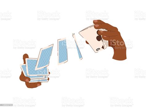 손에 카드 놀이 플랫 그림입니다 카드 트릭 카지노에서 검은 피부 크루피어 도박 산업을 위한 벡터 일러스트레이션 Brand Name Video Game에 대한 스톡 벡터 아트