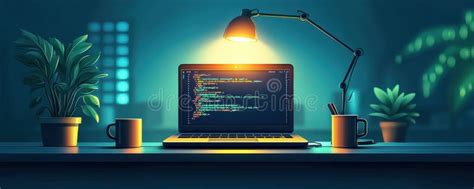 Modern Workspace With A Laptop Code Plants And Warm Ambient Lighting