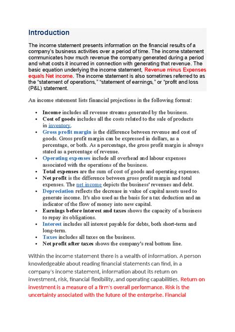 Income Statement Notes Introduction The Income Statement
