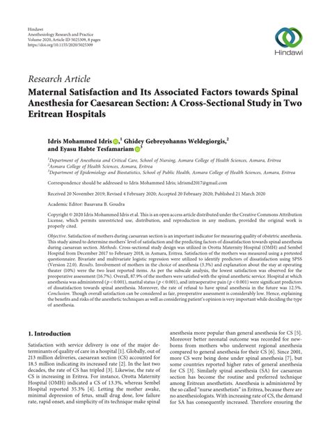 Pdf Maternal Satisfaction And Its Associated Factors Towards Spinal