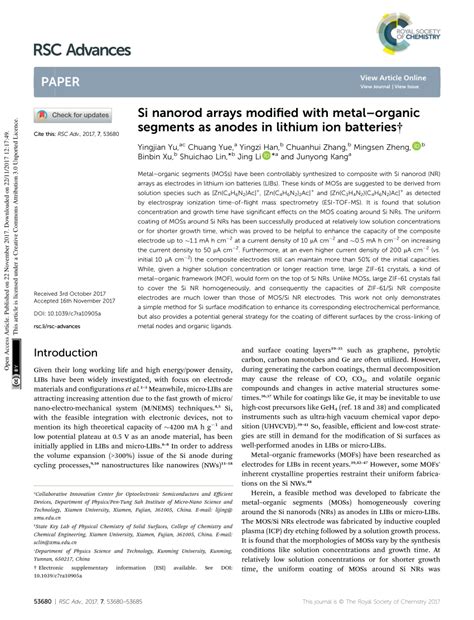 Pdf Si Nanorod Arrays Modified With Metalorganic Segments As Anodes In Lithium Ion Batteries