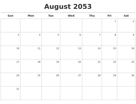 August 2053 Calendar Maker