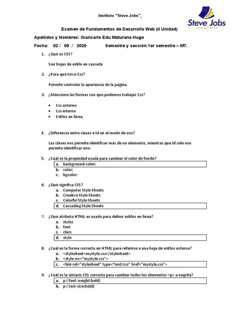 Examen De Css Oficial Pdf Hojas De Estilo En Cascada