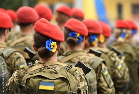 Woman Soldier Woman In Army Ukrainian Flag On Military Uniform