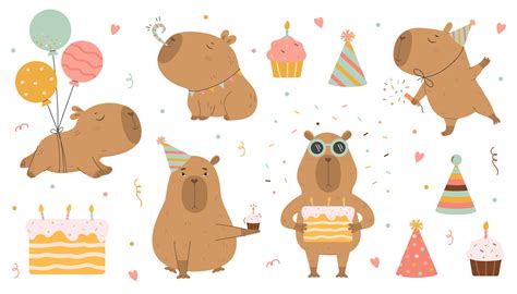 Funny Capybara Happy Birthday Big Set 47399182 Vector Art At Vecteezy