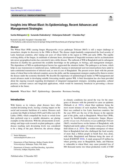 Insights Into Wheat Blast Its Epidemiology Recent Advances And Management Strategies Request Pdf