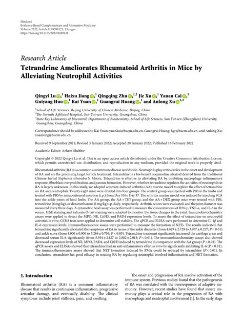 Pdf Tetrandrine Ameliorates Rheumatoid Arthritis In Mice By