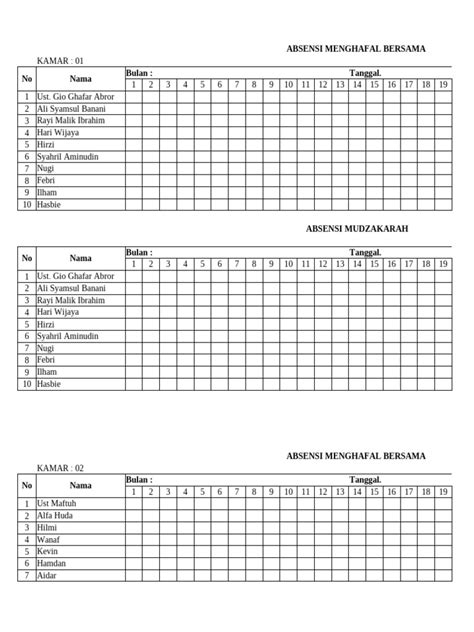 Absensi Menghafalandmudzakarah 24 25 Pdf