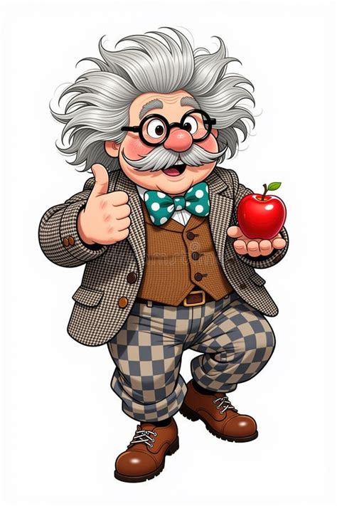 Albert Einstein Like Character Giving A Thumbs Up And Holding An Apple Stock Illustration