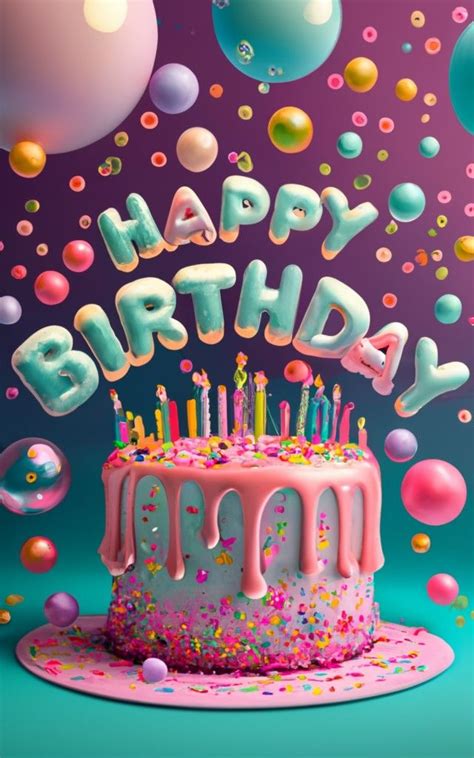 Colorful Birthday Cake With Candles And Balloons