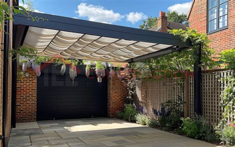 Convenient Retractable Roof Pergola In Front Of Garage