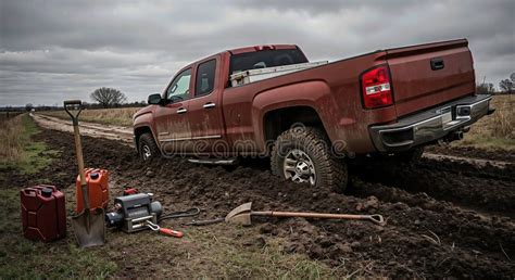 Red Pickup Truck Stuck In Mud On A Rural Road Off Road Vehicle Recovery Concept Stock