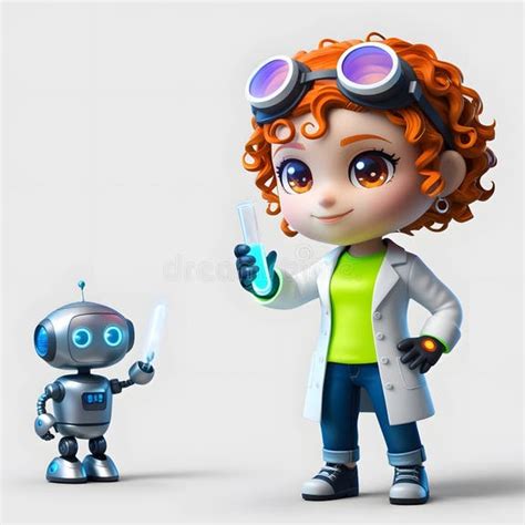 Chibi 3d Scientist Girl With Tiny Robot Isolated White Background Chibi 3d Scientist Girl With Tiny Robot Isolated White Background