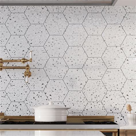 Super Luxe White And Black Terrazzo Aesthetic Hexagon Porcelain Tile