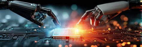 Two Robotic Hands Reaching Out To Touch A Glowing Microchip On A