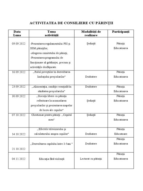 Consilierea Cu Parintii Planificare 2023 Pdf