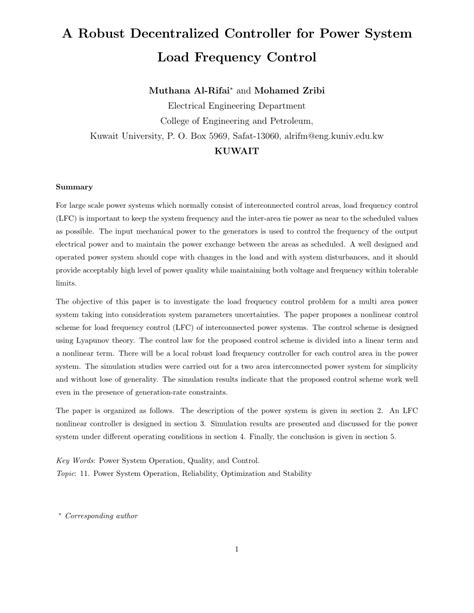 Pdf A Robust Decentralized Controller For Power System Load Frequency
