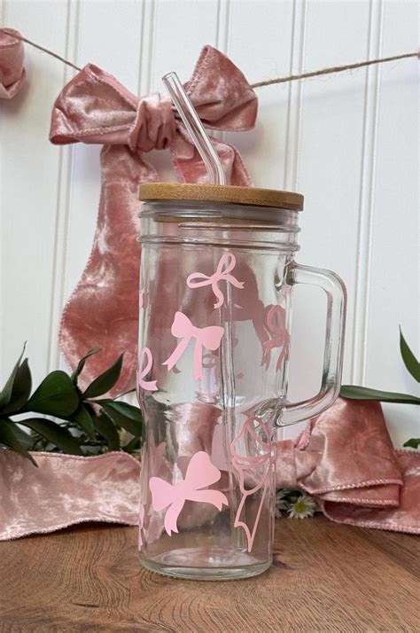 Pink Bow Glass Tumbler With Handle Bamboo Lid And Straw Etsy