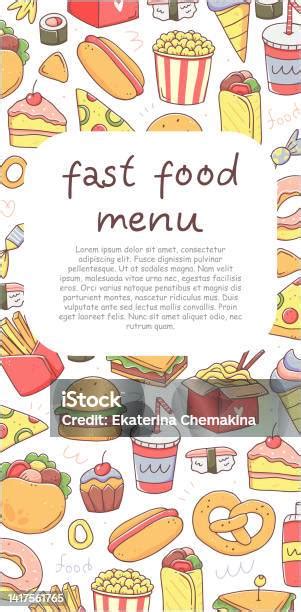 패스트 푸드 레스토랑 또는 카페 페이지 수직 템플릿으로 귀여운 만화 낙서 스타일의 음식 요소 벡터 일러스트레이션 0명에 대한 스톡 벡터 아트 및 기타 이미지 Istock
