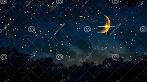 Gran Estrella Dorada Y Luna Menguante En El Cielo Nocturno Stock De
