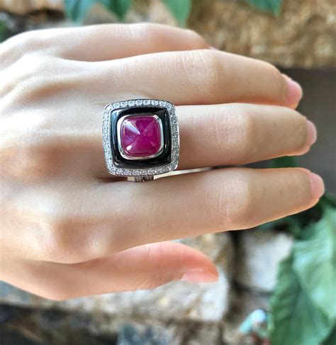 Sugarloaf Cut Ruby Onyx And Diamond Ring Set In 18 Karat White Gold