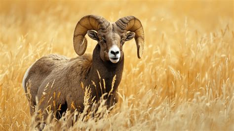 Colorado Rocky Mountain Bighorn Sheep Bighorn Ram In A Field Of Tall
