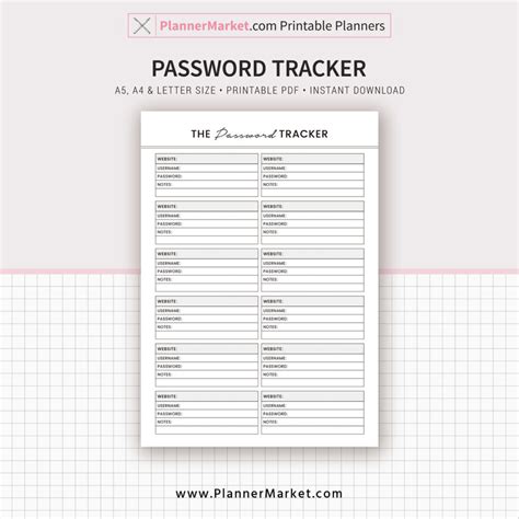 Password Tracker A5 A4 Letter Size Printable Planner Planner