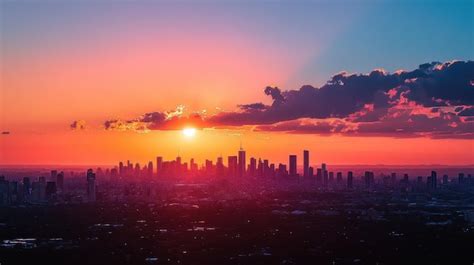 Sunset Behind Distant City Skyline Premium Ai Generated Image