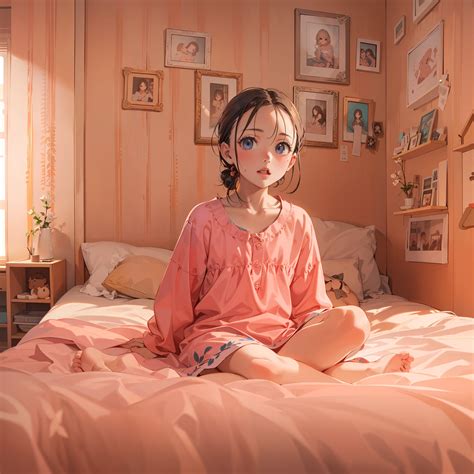 There Is A Girl Sitting On A Bed With A Pink Shirt Seaart Ai