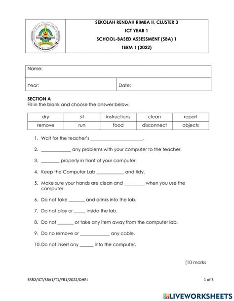 Yr1 Sba1 Online Exercise For Live Worksheets