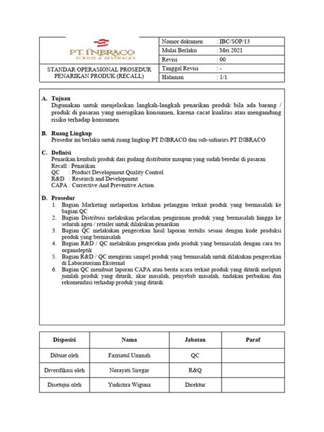 Sop Penarikan Produk Recall Pdf