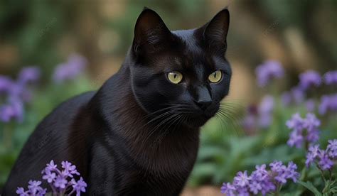 녹색 눈을 가진 고양이는 정원 보라색 꽃에 있습니다 녹색 눈을 가진 고양이가 보라색 꽃이 있는 정원에 있습니다 녹색 눈을 가진 고양이는 보라색 꽃이 있는 정원에 있습니다