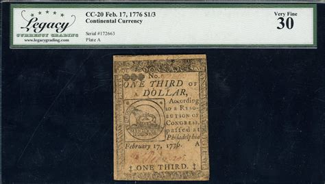 Fr Cc 20 Feb 17 1776 1 3 Continental Currency Note Legacy Very Fine