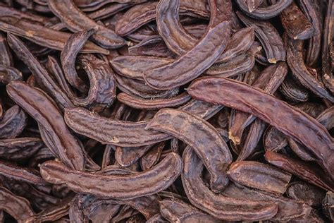 Free Photo Carob Tree Pods On A Wooden Table Top View Closeup Healthy