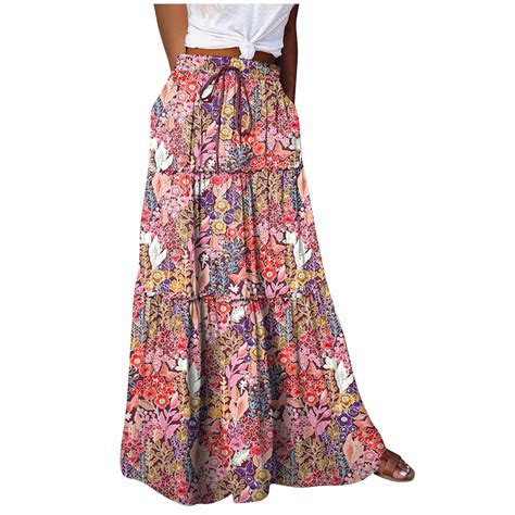 Lovskoo 2024 Womens Summer Floral Print Boho Maxi Skirt Elastic High