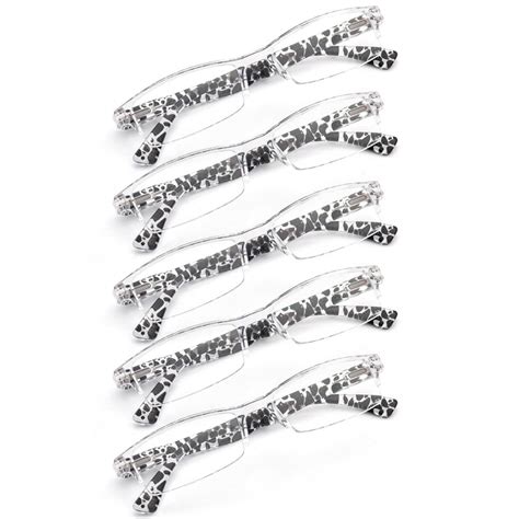 5 Pairs Of Rectangular Reading Glasses 350 Half Rimless Clear Frame Zebra Print Spring Hinge