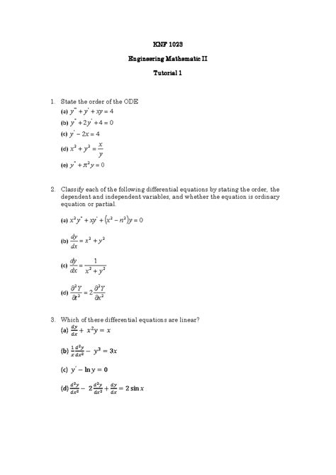 Knf 1023 Engineering Mathematics Ii Tutorial 1 Ode Classification And