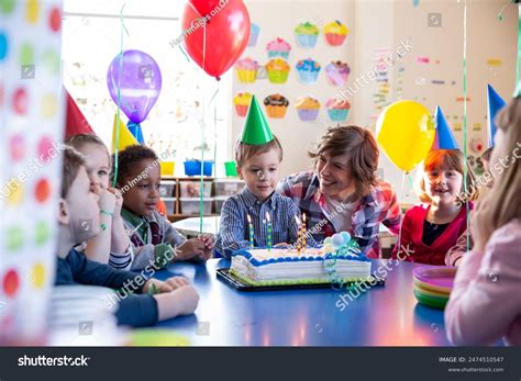 Kindergarten Students Teacher Celebrating Birthday Classroom Stock