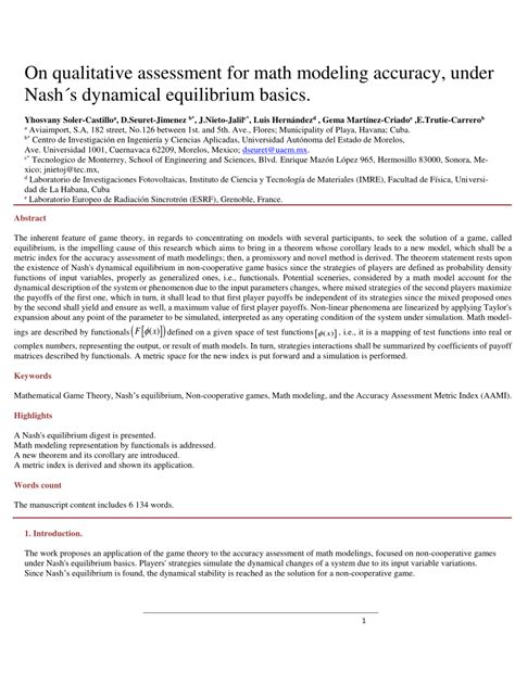 Pdf On Qualitative Assessment For Math Modeling Accuracy Under Nash