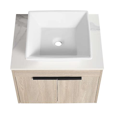 Vynxaria 36 In Single Elevated White Oak Plywood Bath Vanity With White