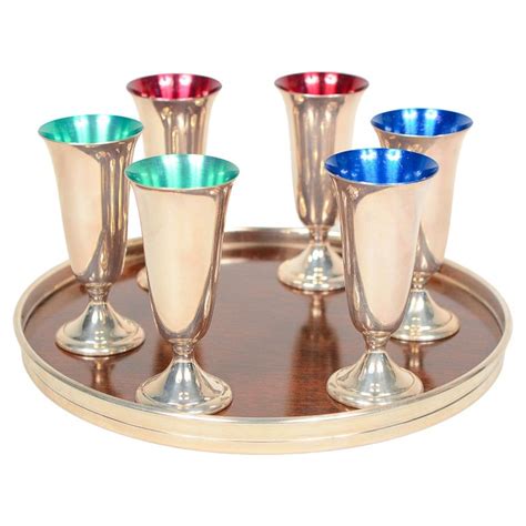 Alvin Sterling Silver And Enamel Cordials And Tray Set For Sale At 1stdibs