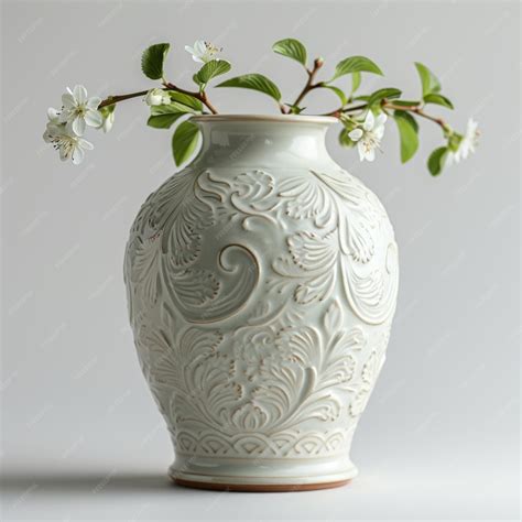 Premium Photo Classic White Ceramic Vase With Embossed Floral Design