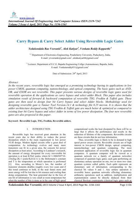 Carry Bypass And Carry Select Adder Using Reversible Logic Ijecs