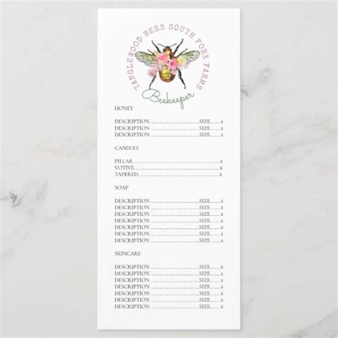 Artistic Honey Bee Products Floral Price List Menu
