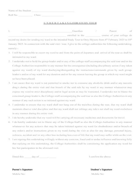 Undertaking Form For Tour1 Pdf