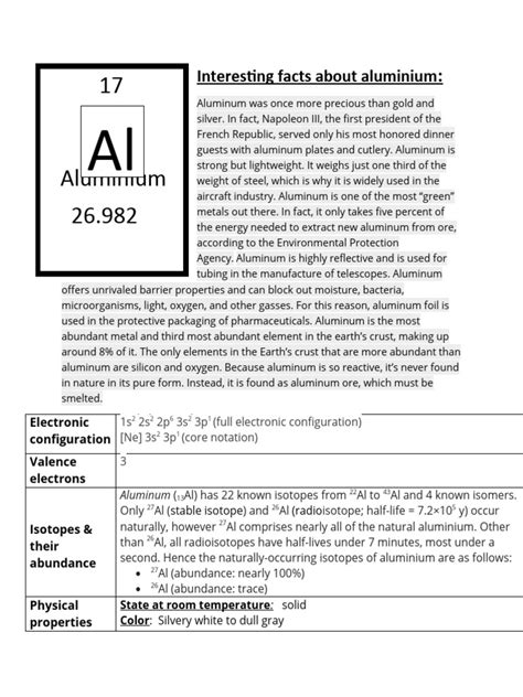 Element Card Pdf Aluminium Metals