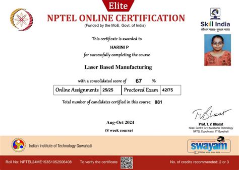 Harini P On Linkedin Nptel Iitguwahati Lasermanufacturing Elitecertificate