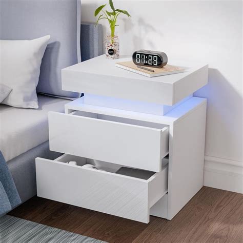 Hommpa Led Nightstand Modern White Nightstand With Led Lights Wood