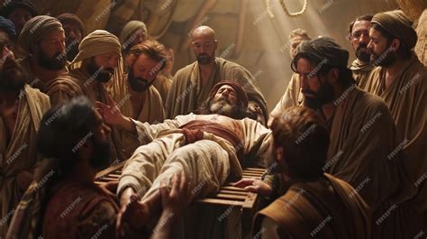 Jesus Healing A Paralyzed Man Lowered Through A Roof Premium Ai
